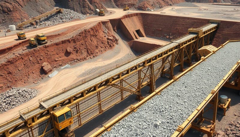 Mining Operation with Conveyor Belts and Trucks in Open Pit Mine Stock ...
