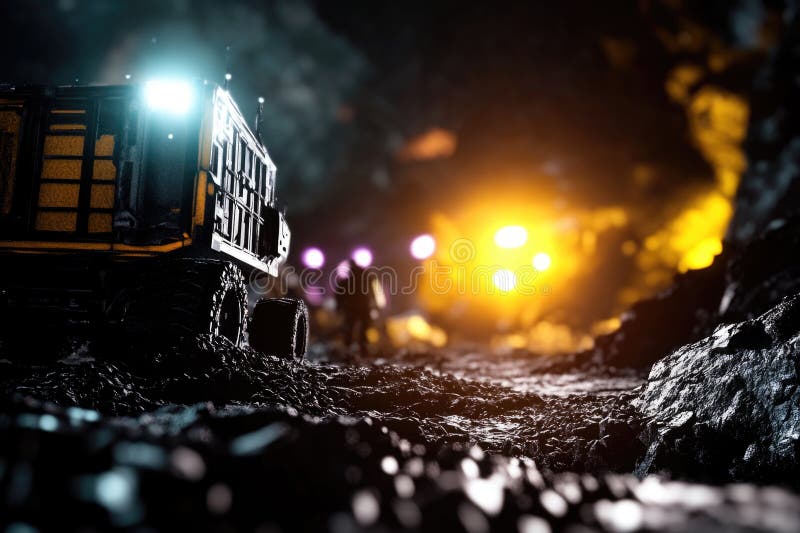 Mining Operation in Dark Underground Cave with Vehicles and Lights ...