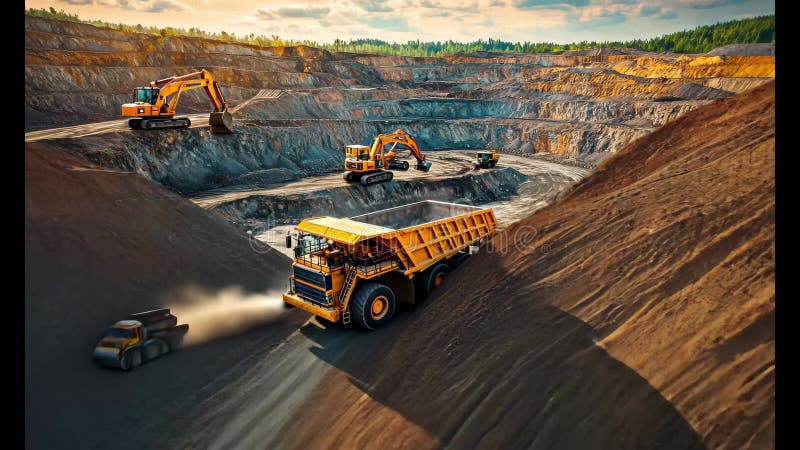 Mining Operation Heavy Machinery Excavators and Dump Trucks Working at ...