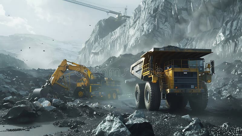 Mining Operation with Large Dump Trucks and Excavators, Showcasing the ...
