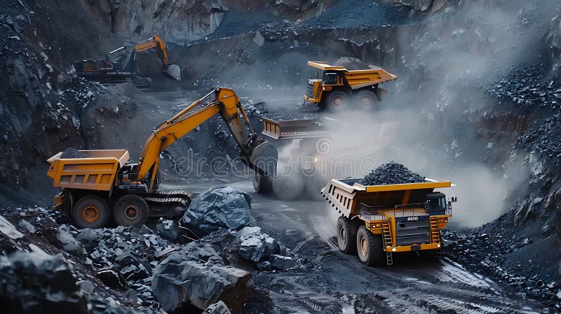 Mining Operation with Large Dump Trucks and Excavators, Showcasing the ...
