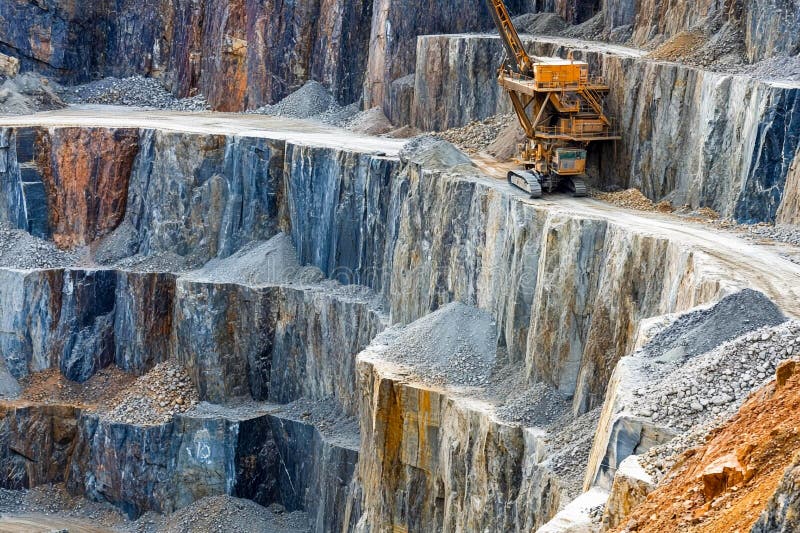 Mining Operation in a Large Rock Quarry with Heavy Machinery at Work ...