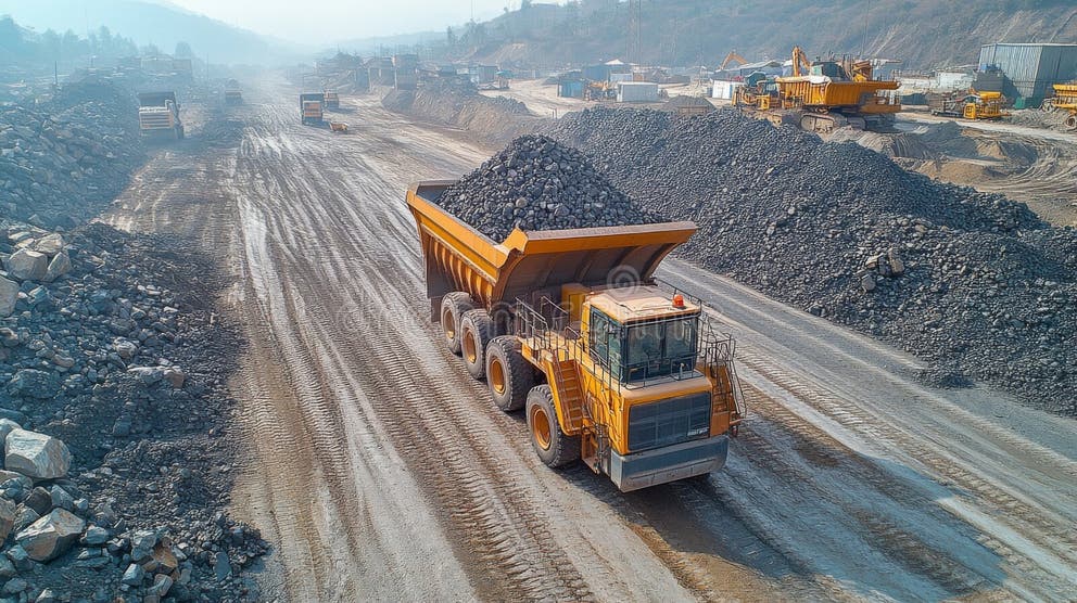 Mining Operation in a Quarry with Heavy Machinery Transporting ...