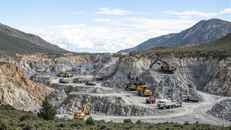 Mining Operation in Remote Mountains Excavators Digging Hauling Trucks ...