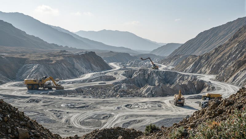 Mining Operation in Remote Mountains Excavators Digging Hauling Trucks ...