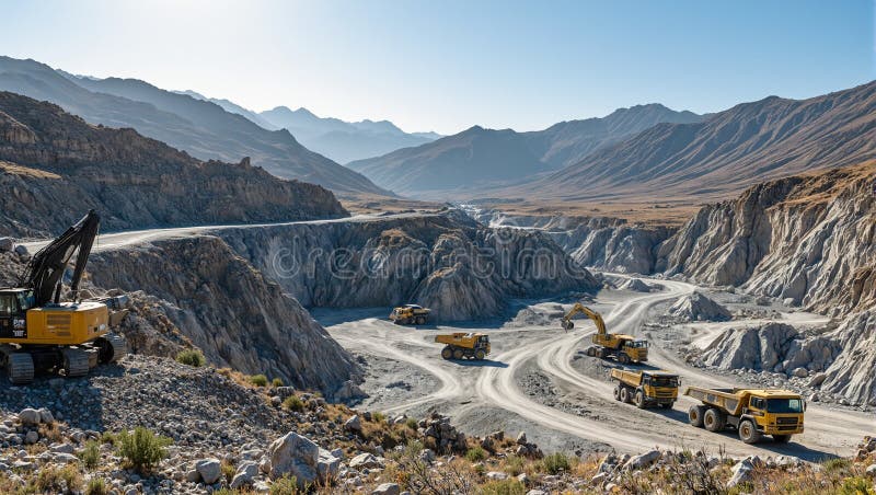 Mining Operation in Remote Mountains Excavators Digging Hauling Trucks ...