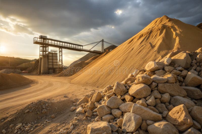 Mining Operation at Sunset with Large Piles of Sand and Rocks. Stock ...
