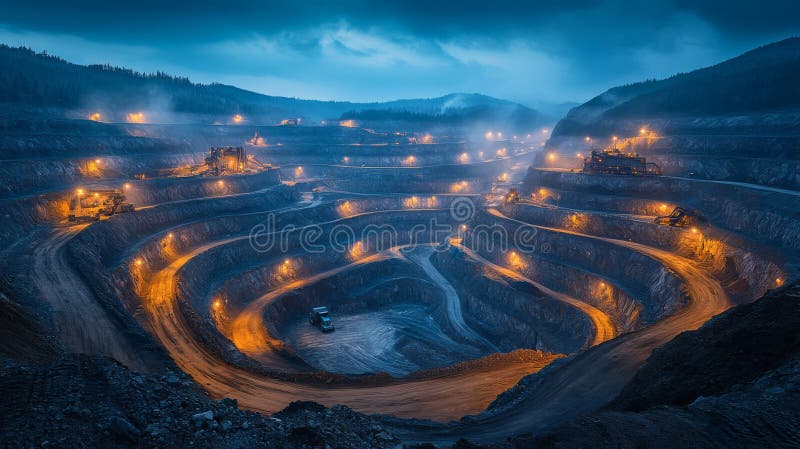 Mining Operation Under Evening Sky with Illuminated Equipment and ...