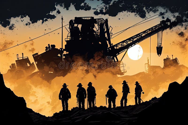 Mining Operations with Silhouettes of Workers and Equipment Against the ...