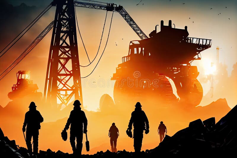 Mining Operations with Silhouettes of Workers and Equipment Against the ...