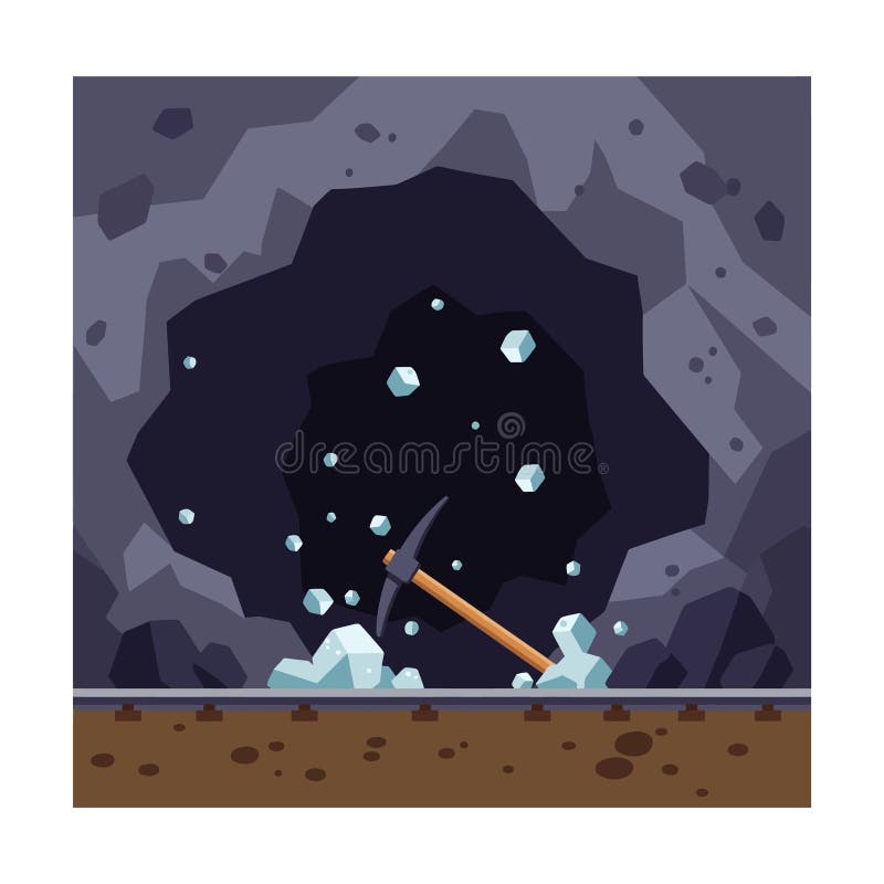 A Mining Pickaxe Striking Rocks Inside a Dark Cave in Flat Vector Art ...