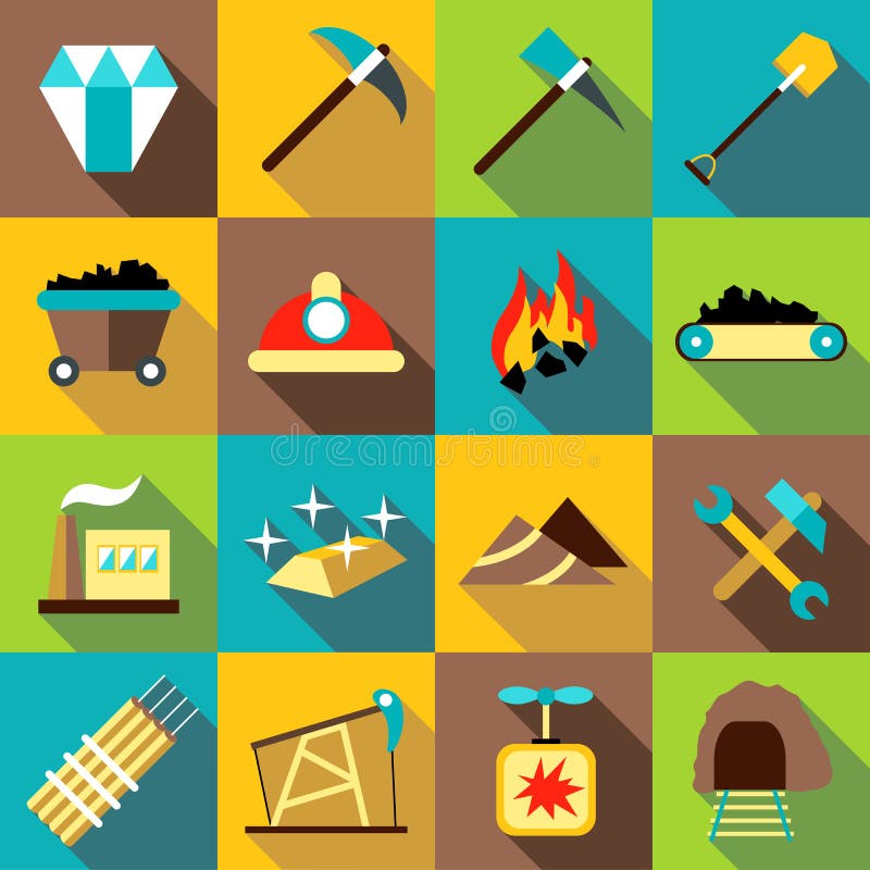 Mining Production Icons Set, Flat Style Stock Vector - Illustration of ...
