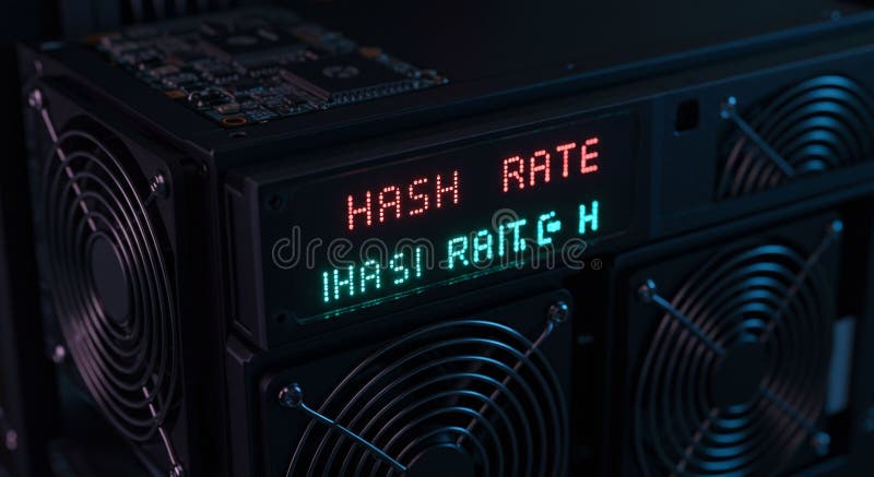 Mining Rig Displaying "HASH RATE" on an LED Screen. Two Large Cooling Fans Stock Illustration ...
