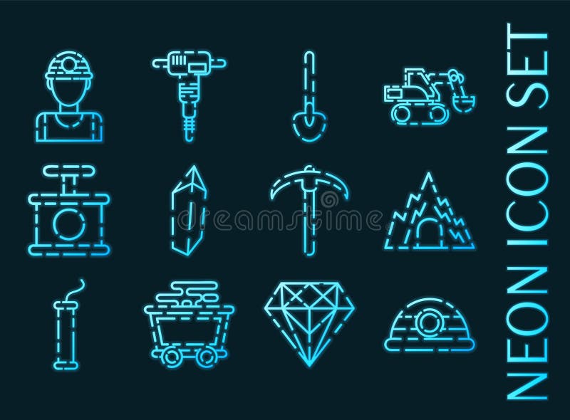 Mining Set Icons. Blue Glowing Neon Style Stock Vector - Illustration ...
