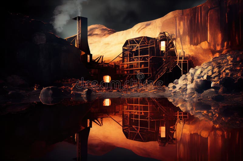 Mining Shaft with Reflection of Burning Coal in the Background Stock ...