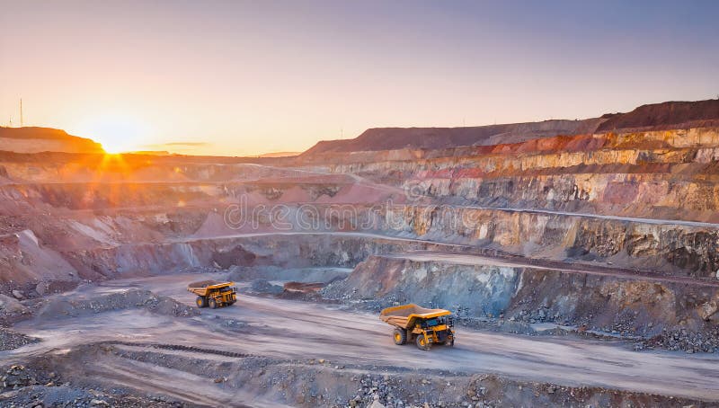 A Mining Site with Large Dump Trucks Under a Setting Sun Stock ...