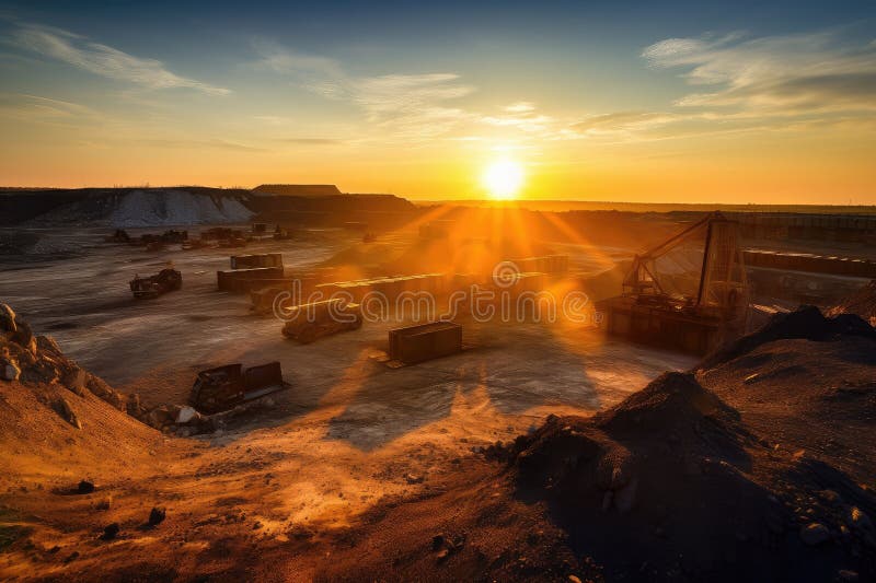 Mining Site, with the Sun Setting Over the Horizon, Casting a Warm Glow ...