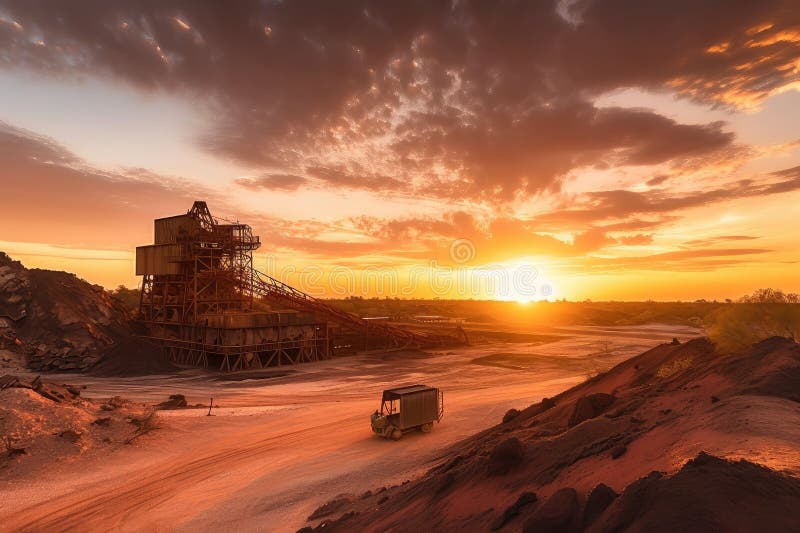 Mining Site, with the Sun Setting Over the Horizon, Casting a Warm Glow ...