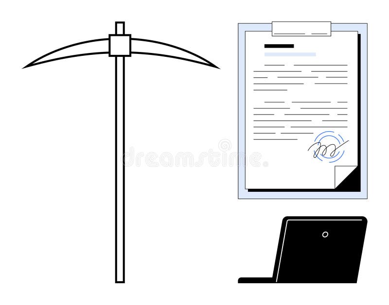 Mining Pickaxe, Signed Document on Clipboard, and Laptop Representing ...