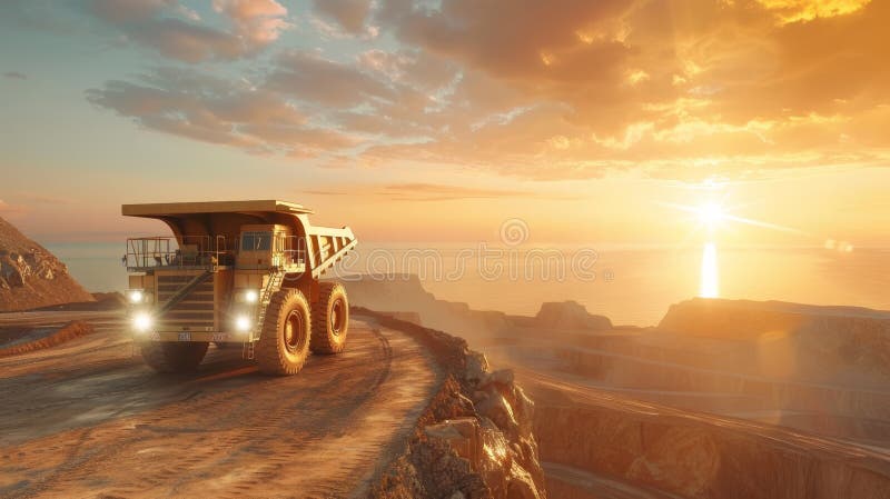 Mining Truck at Sunset Overlooking Ocean Stock Illustration ...