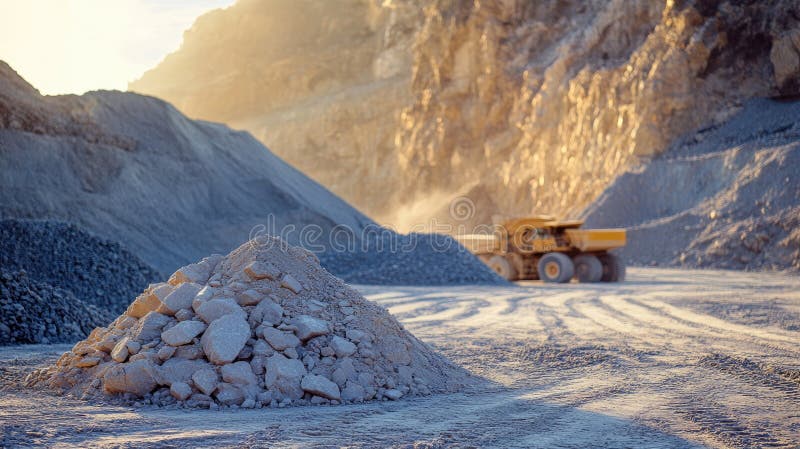 Mining Truck Transporting Limestone in Open Pit Mine at Sunset Stock ...