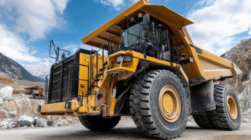 Mining Truck Works Transporting Coal in Open-pit Mine Surrounded by Mountainous Terrain and Blue ...