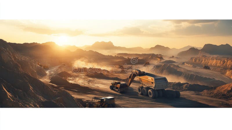 Mining Trucks Operating Amidst a Vast Mining Landscape during a Golden ...