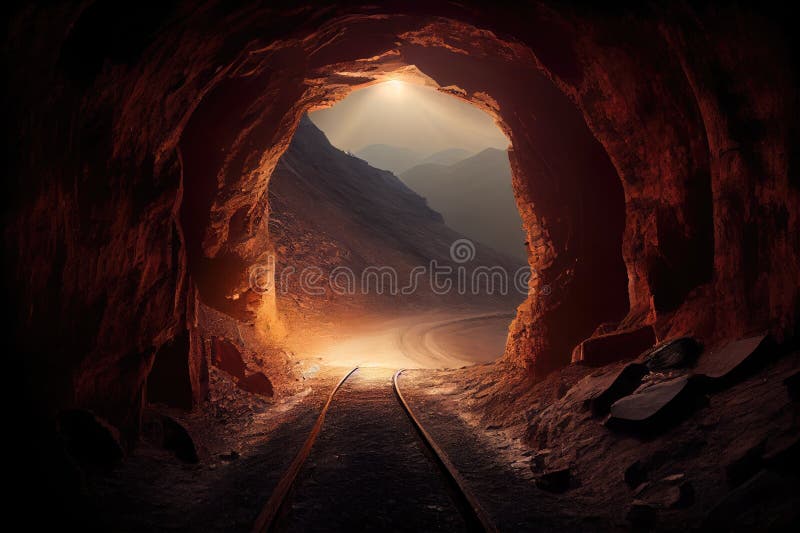 Mining Tunnel, with Lights Illuminating the Way, and a View of the ...