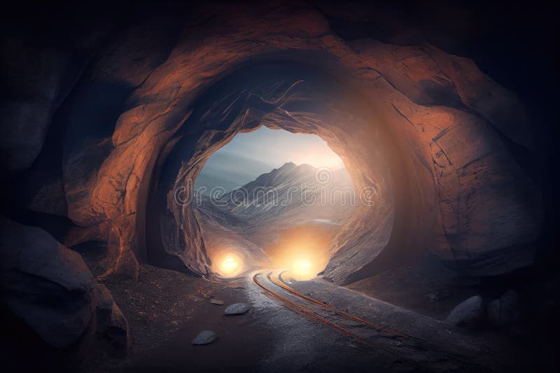 Mining Tunnel, with Lights Illuminating the Way, and a View of the ...