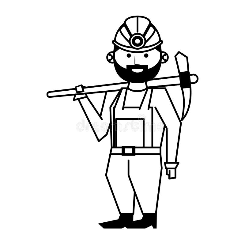 Mining Worker Holding Pick Tool Cartoon in Black and White Stock Vector ...