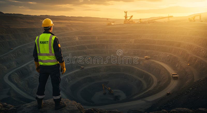 Mining Worker Observes Large Open Pit Mine at Sunset Stock Illustration ...