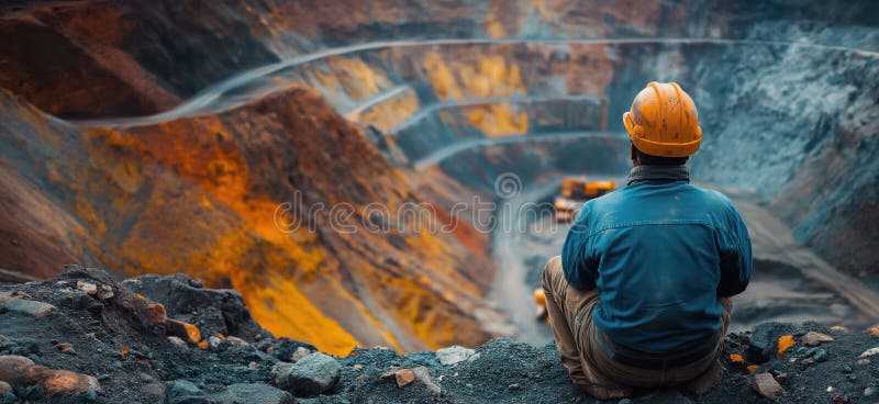 Mining Worker Overlooking Vast Open-pit Mine with Vibrant Colors and ...