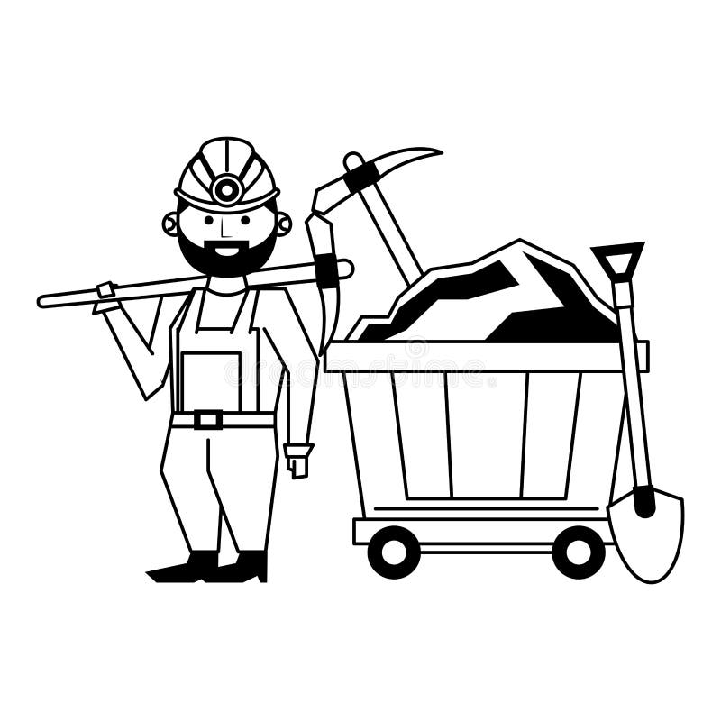 Mining Worker with Picks and Shovel in Train Carrier in Black and White ...