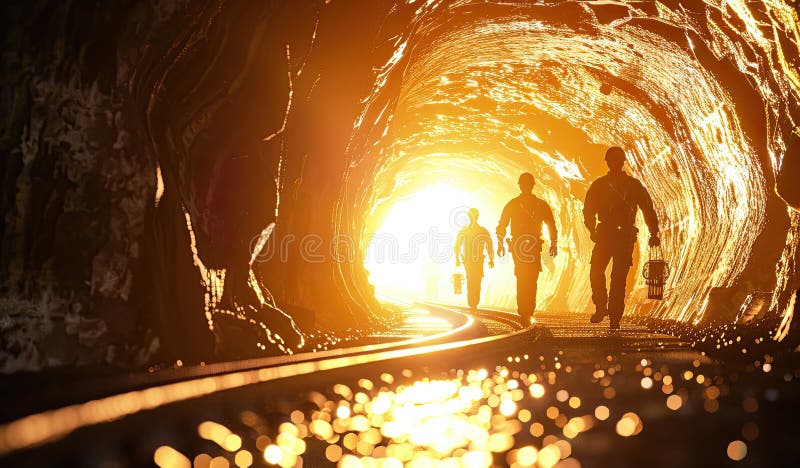 Mining Workers Come Out into the Light from the Tunnel after a Work ...