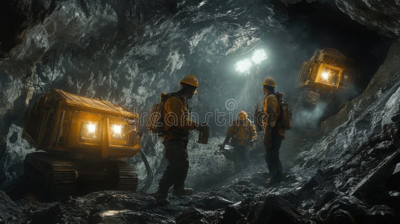 Mining Workers Conduct Excavation in a Dark Underground Cave with ...