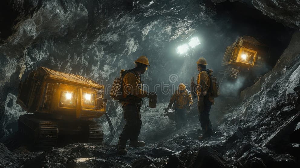Mining Workers Conduct Excavation in a Dark Underground Cave with ...