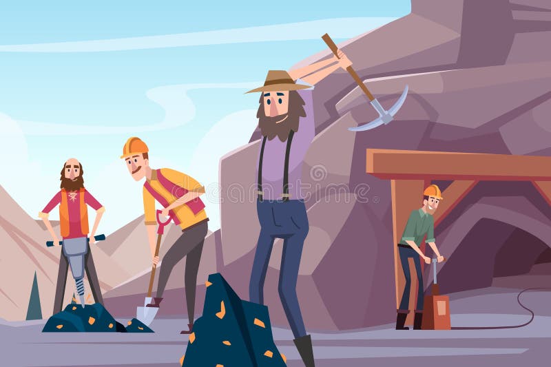Mining Workers. Miners in Active Poses Mining Treasures Gem or Gold ...