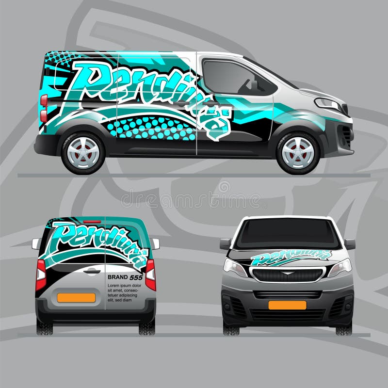 Minivan with Lettering and Graphics from All Sides Set. Stock ...