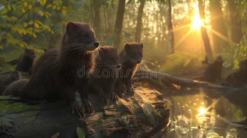 Mink Family in the Forest with Setting Sun Shining. Stock Illustration ...
