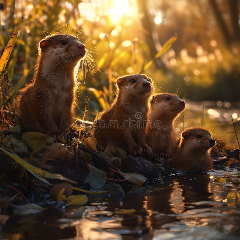 Mink Family in the Forest with Setting Sun Shining. Stock Illustration ...