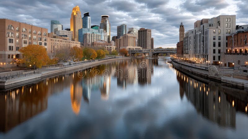 Minneapolis Skyline Glows at Night with Building Lights Reflected in ...