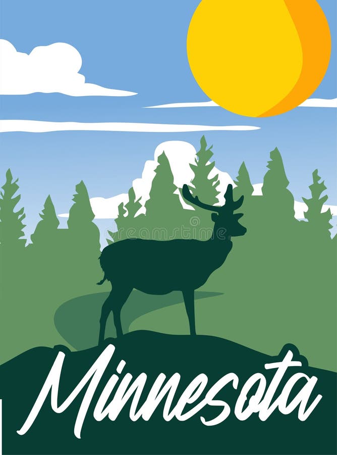 Minnesota State with Deer Silhouettes and Beautiful Views Stock Vector ...