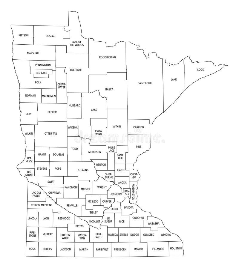 State of Minnesota Subdivided into 87 Counties, Outline Map Stock ...