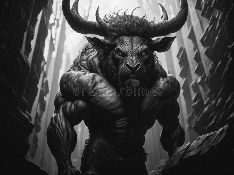 Minotaur Beast with Horns in Dark Labyrinth Generative AI Illustration ...