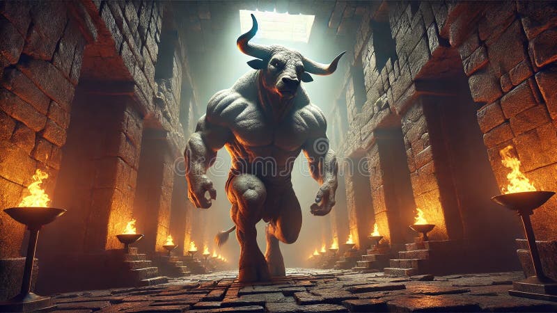 Fierce Minotaur in Ancient Labyrinth Setting Stock Illustration ...