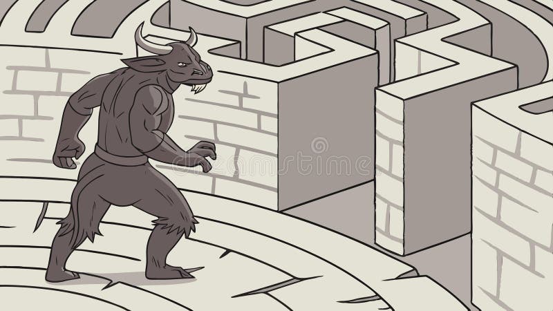 Minotaur in Maze Labyrinth, Mythical Creature and Ancient Myth. Vector ...