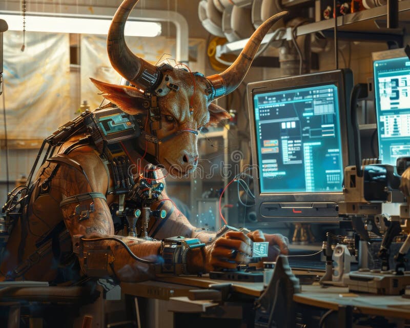 A Minotaur in a Robotics Workshop Skillfully Crafting an Android ...