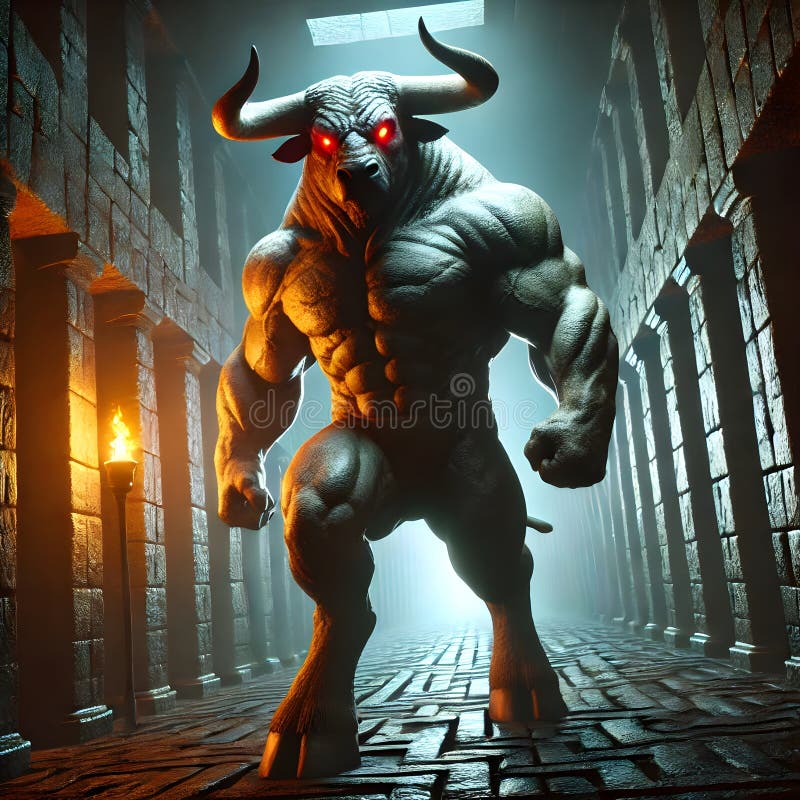 Minotaur Walking in Ancient Temple Dungeon Corridor Stock Illustration ...