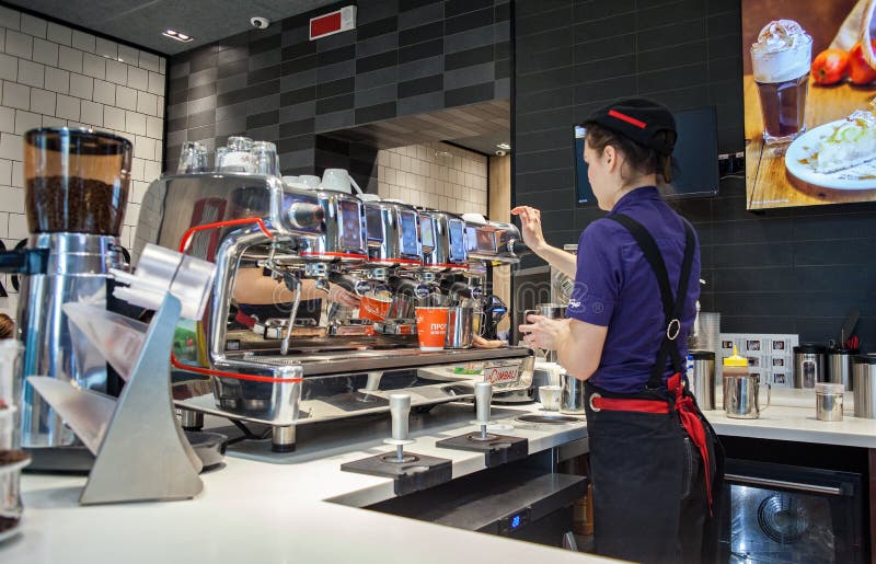 Minsk, Belarus, April 24, 2018: McCafe in McDonald`s Restaurant ...