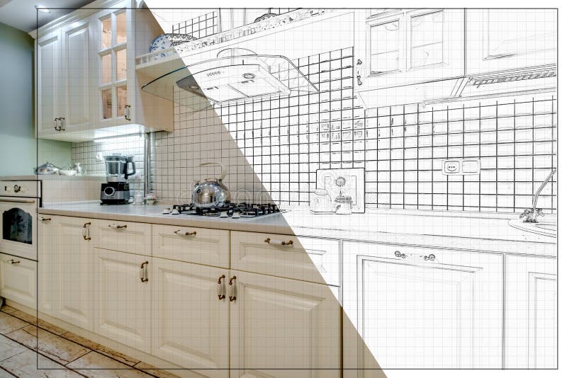 Split Screen of Drawing and Photo of Interior of Modern Kitchen in Flat ...